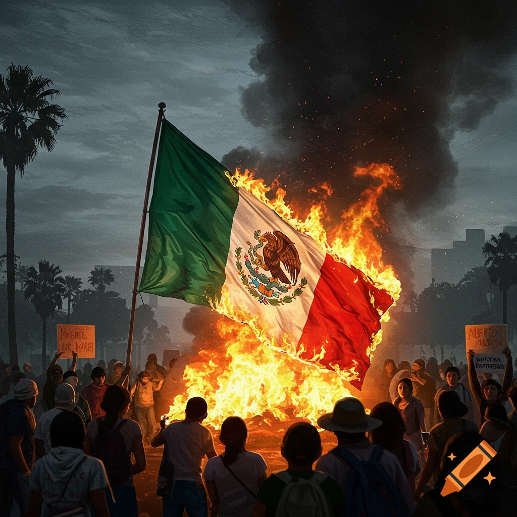 Mexican flag burning amidst a protest crowd in Los Angeles under a ...