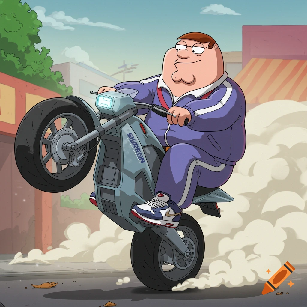 Cartoon of Peter Griffin doing a wheelie on a futuristic motorcycle on ...