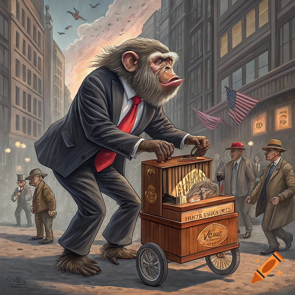 Illustration of a large monkey in a suit pushing an organ grinder cart ...