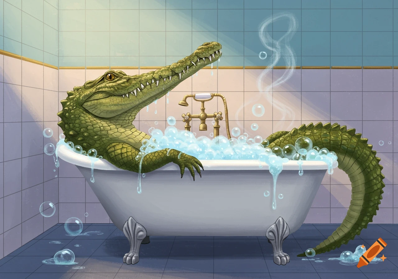 A green crocodile relaxes in a bubble bath in a tiled bathroom. on Craiyon
