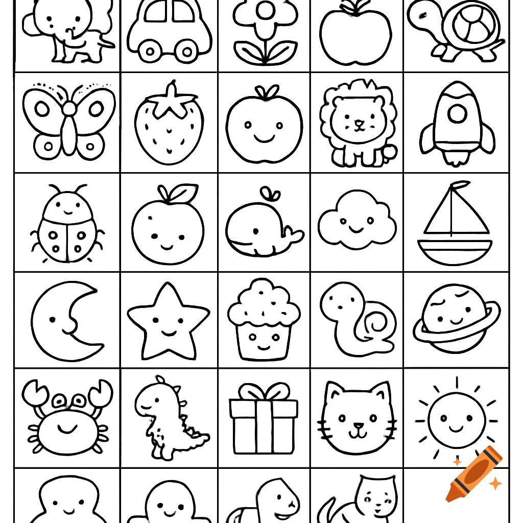 Grid of cute, simple line drawings of animals and objects for coloring ...