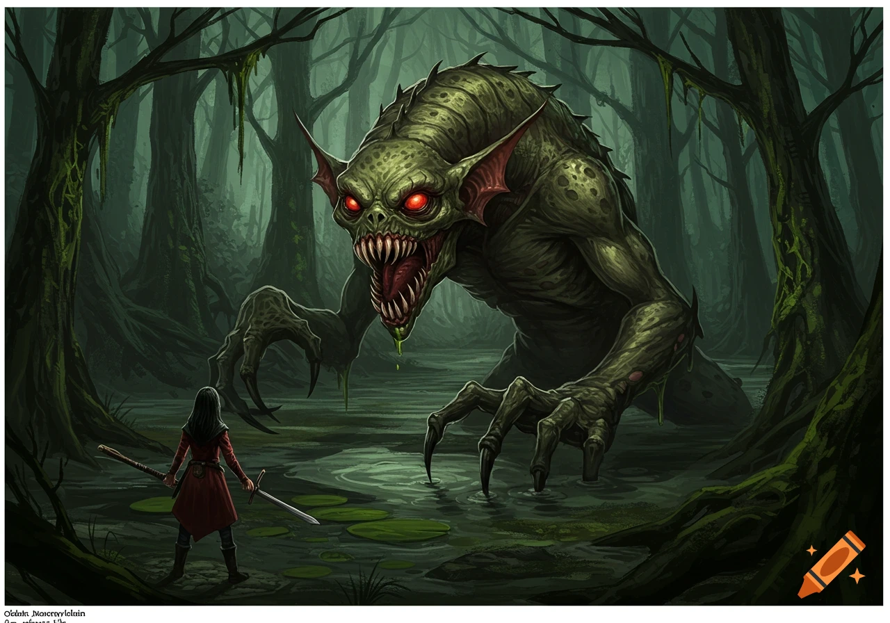 A massive green monster with red eyes and sharp teeth looms over a ...