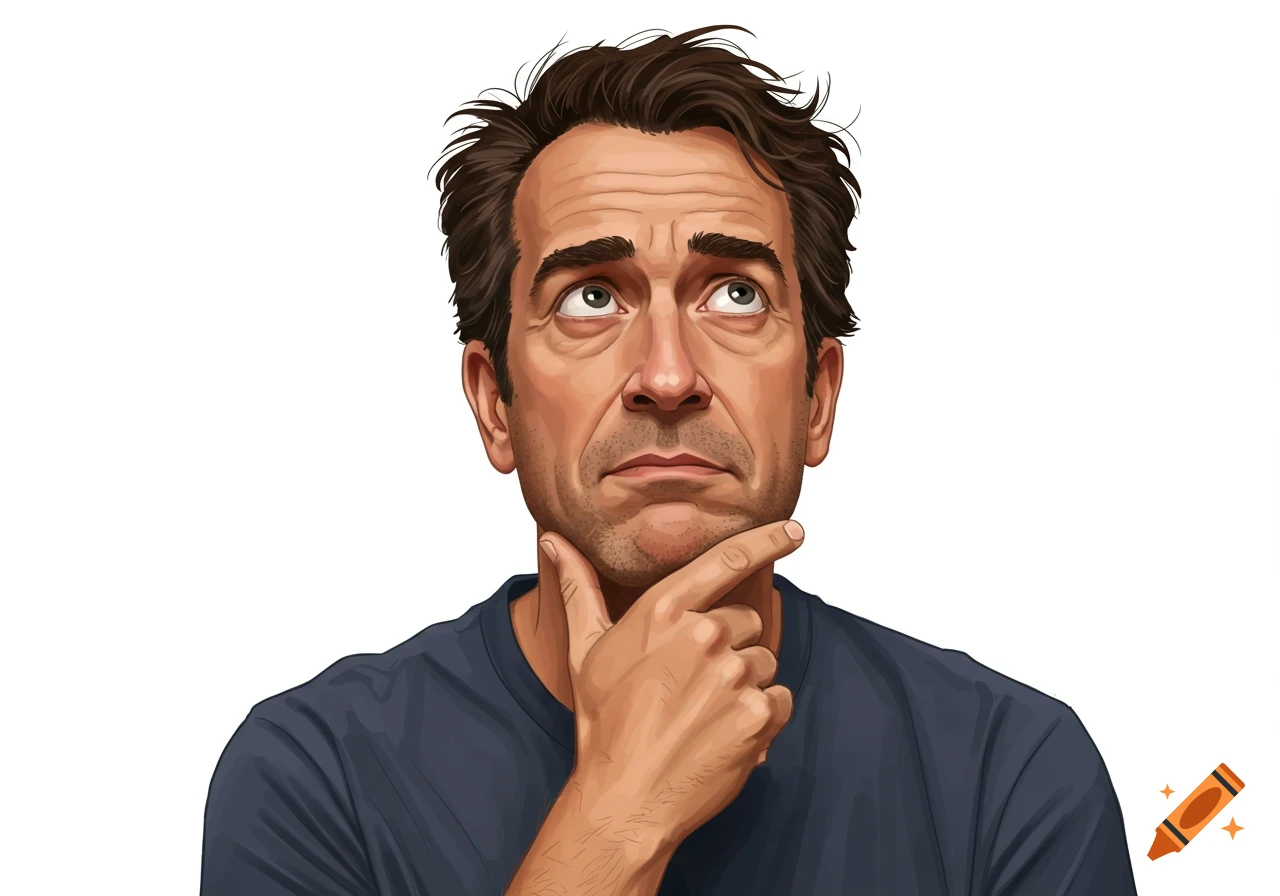 Illustration of a man with a puzzled expression stroking his chin and looking up. on Craiyon