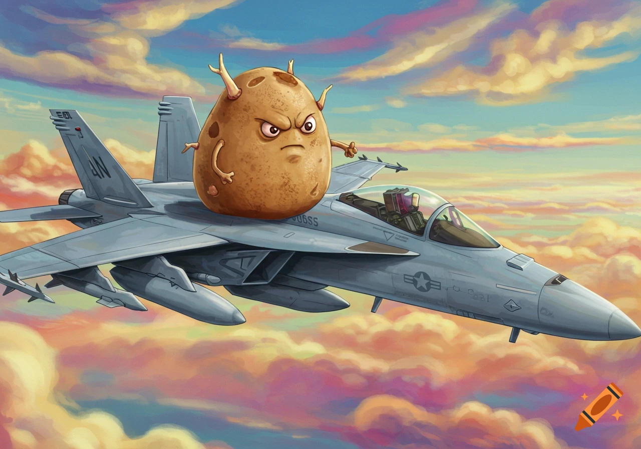 Cartoon illustration of an angry potato riding on top of an F18 fighter ...