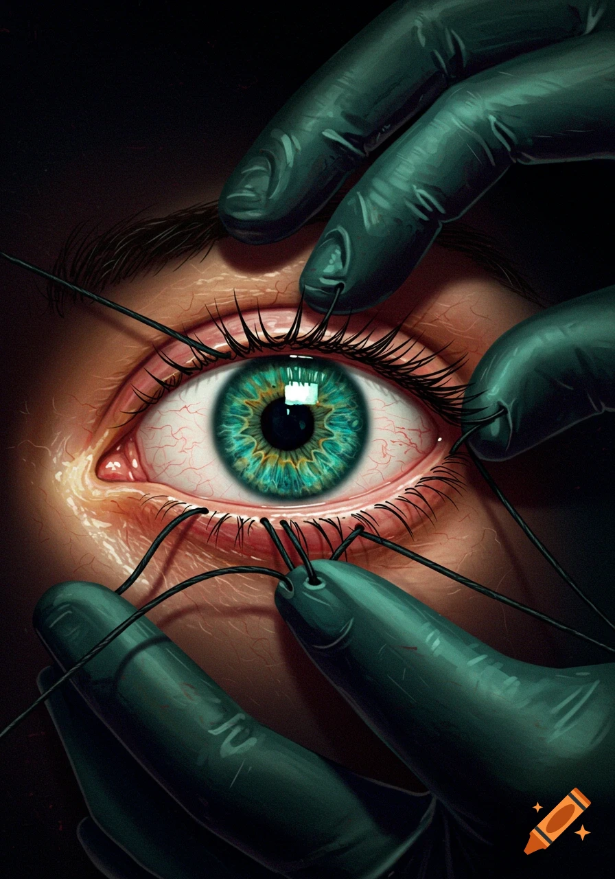 Close-up of a human eye being stitched shut by gloved hands holding ...
