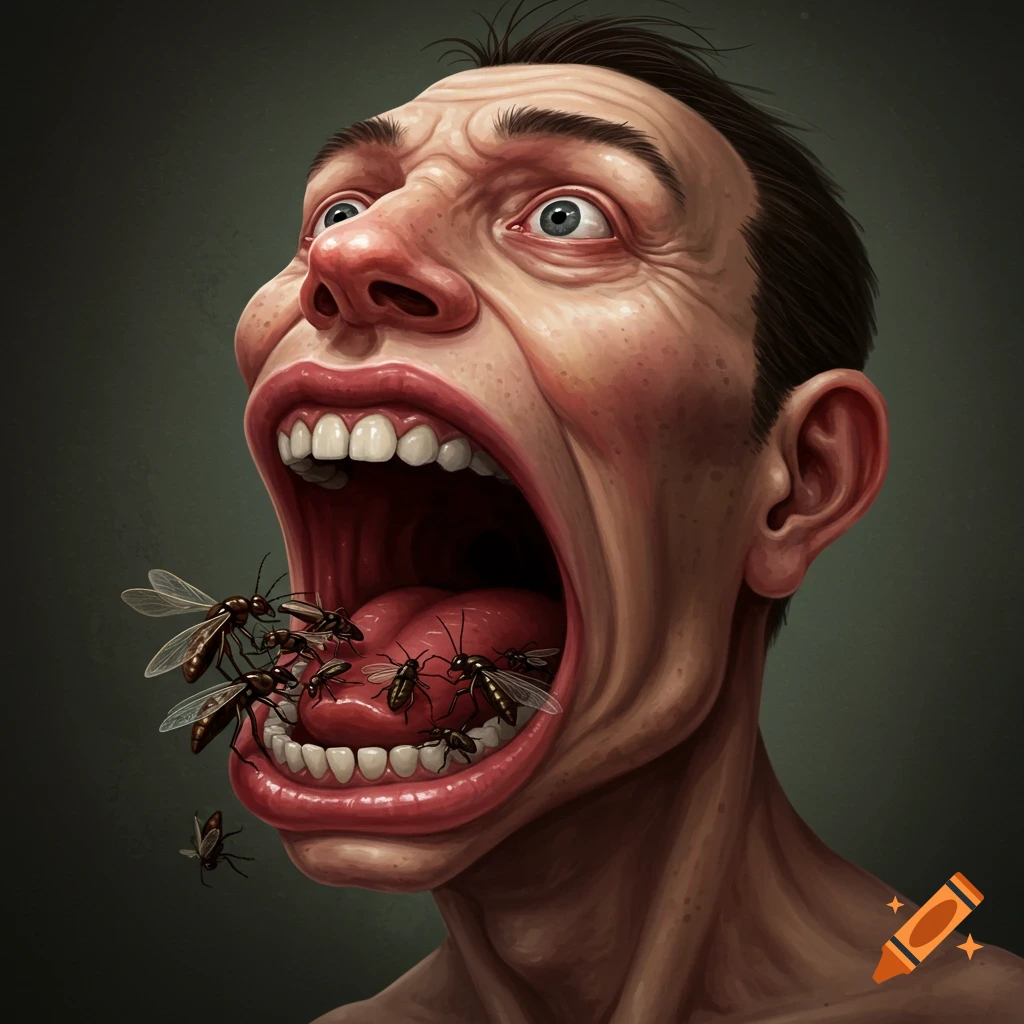 Exaggerated illustration of a man with his mouth wide open, filled with ...