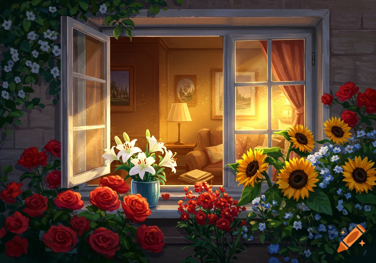 Flowers on a windowsill looking into a sunlit room through an open ...