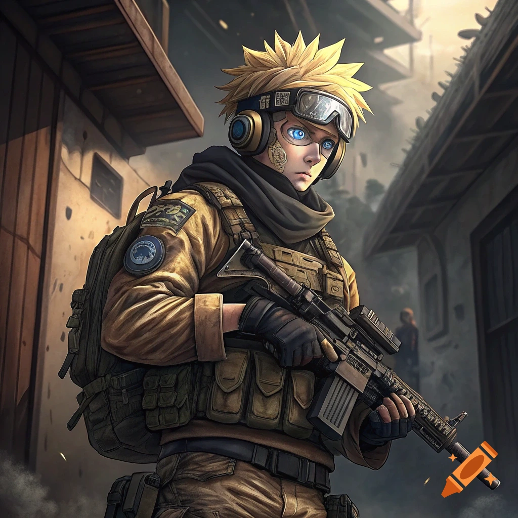 Anime character Naruto in military gear holds an assault rifle in a ...