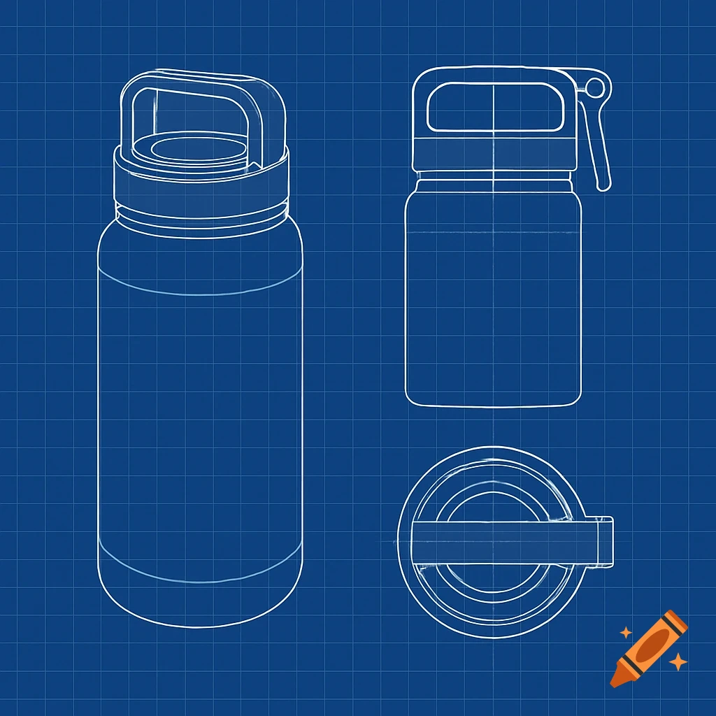 Blueprint of a water bottle showing multiple views. on Craiyon
