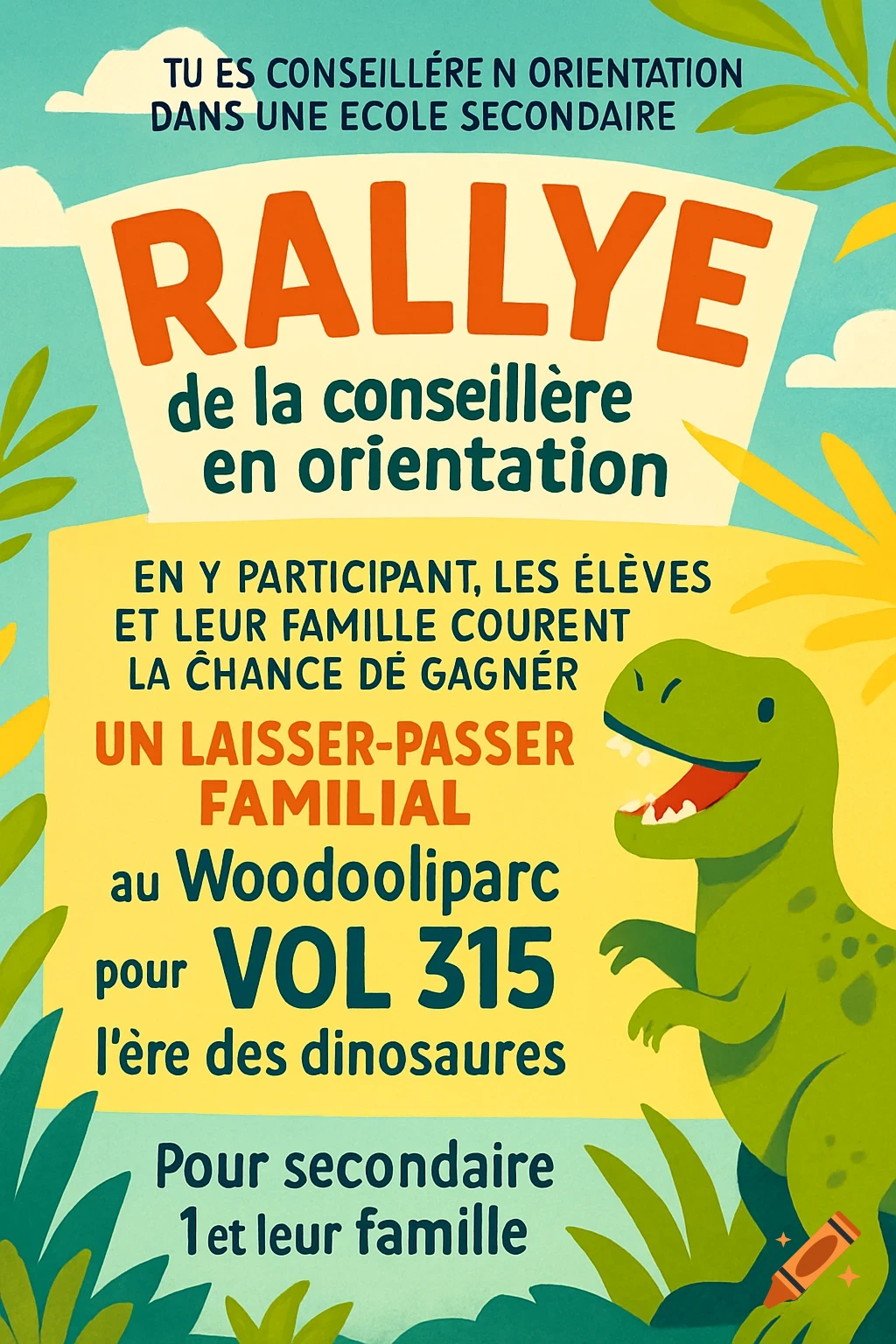 A colorful cartoon poster for a school rally. Features a green dinosaur ...
