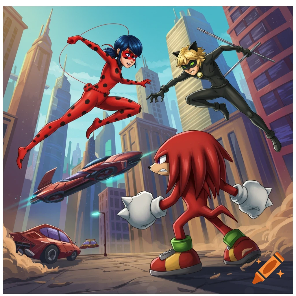 Ladybug and Cat Noir fight Knuckles the Echidna in a city street ...