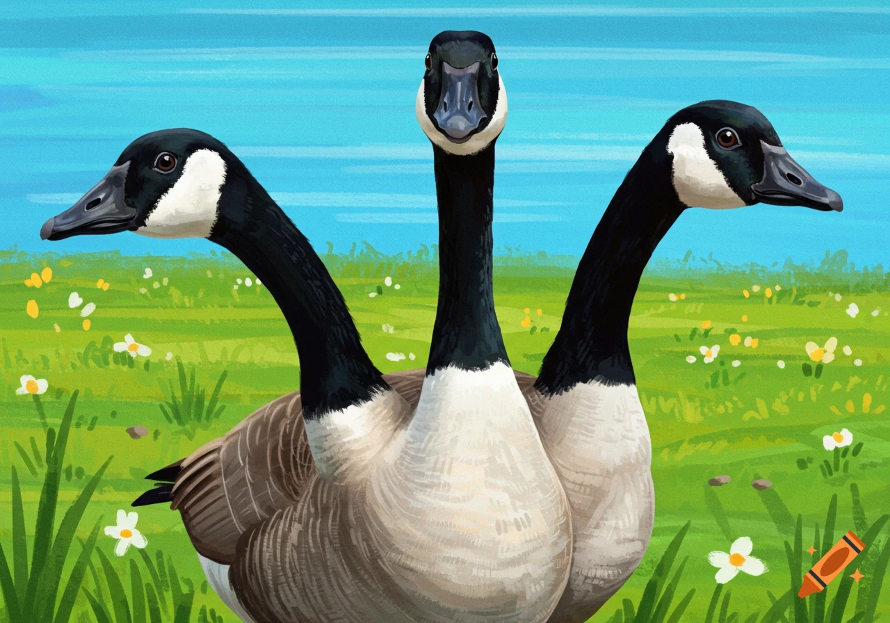 A three-headed goose stands in a grassy field with flowers under a blue ...