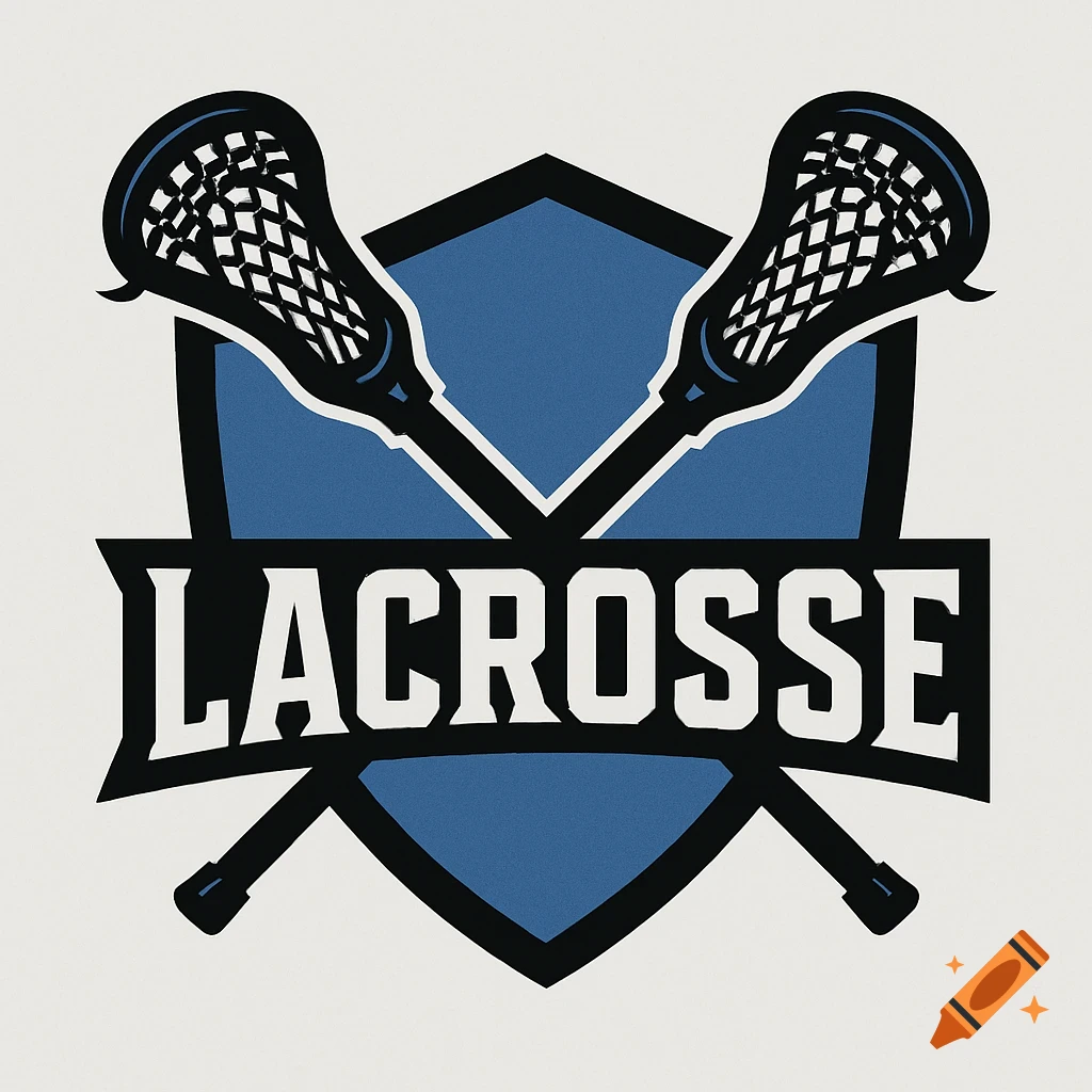 A blue and black lacrosse logo with crossed sticks and the word ...