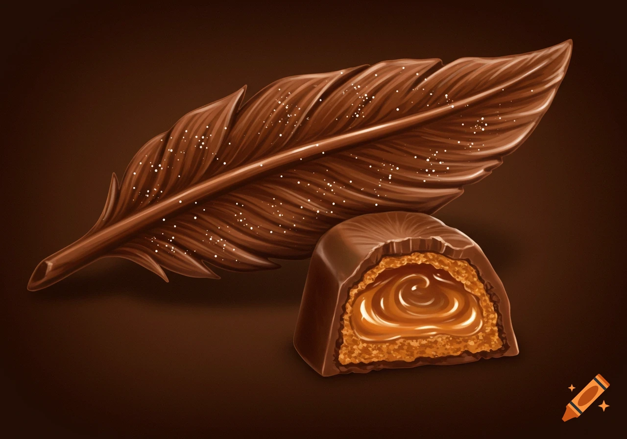 Milk chocolate feather next to a caramel-filled chocolate candy on a ...
