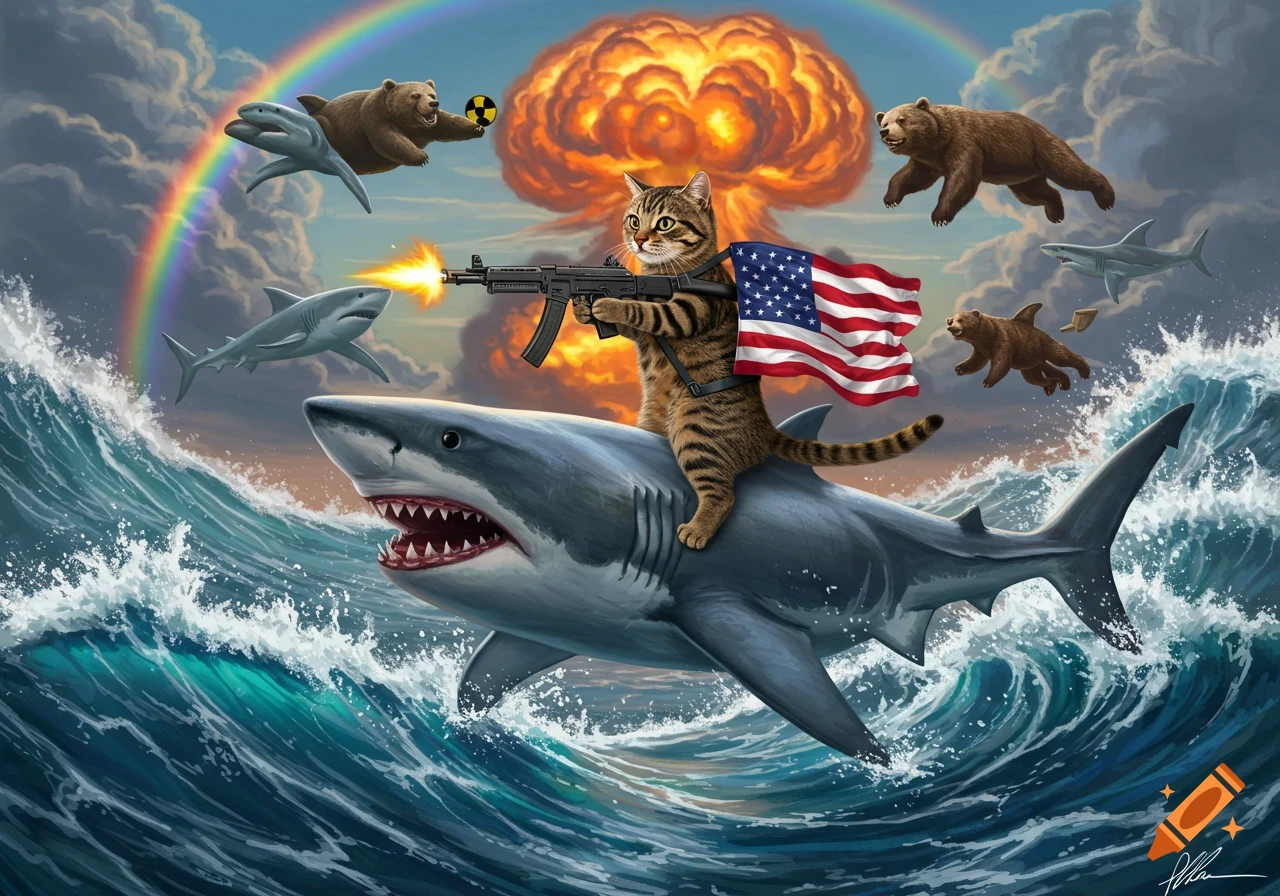 A cat rides a shark while firing a rifle, with bears and sharks flying ...