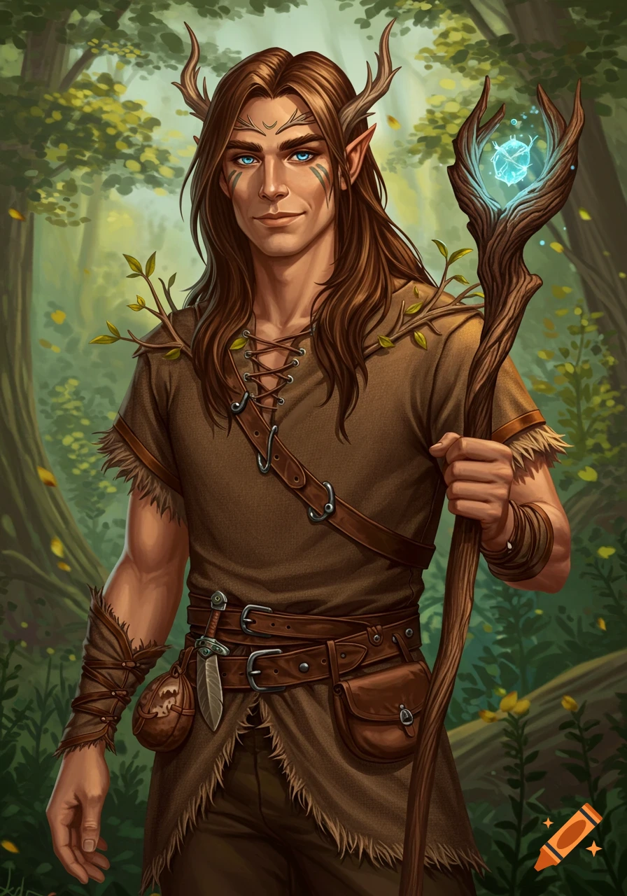 A male druidic elf with antlers and a glowing staff stands in a forest ...