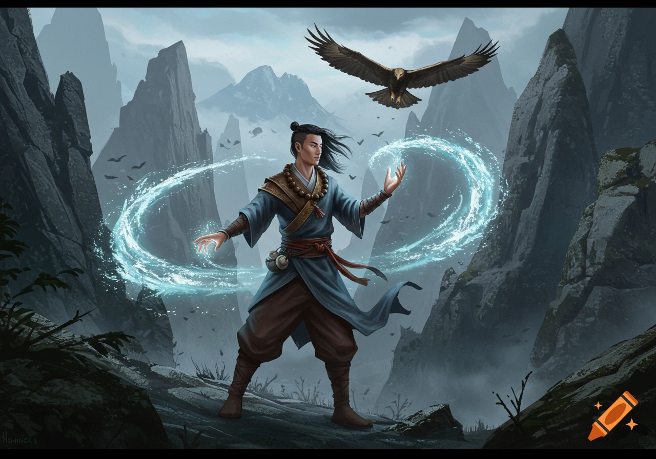 A fantasy illustration of a monk casting water magic in the mountains ...