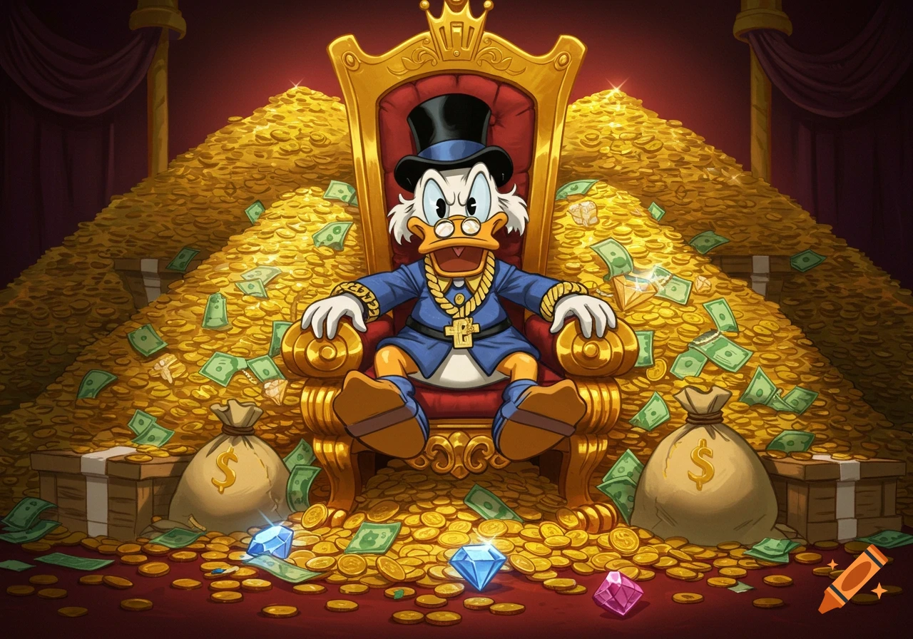 Scrooge McDuck sits on a gold throne surrounded by piles of gold coins ...