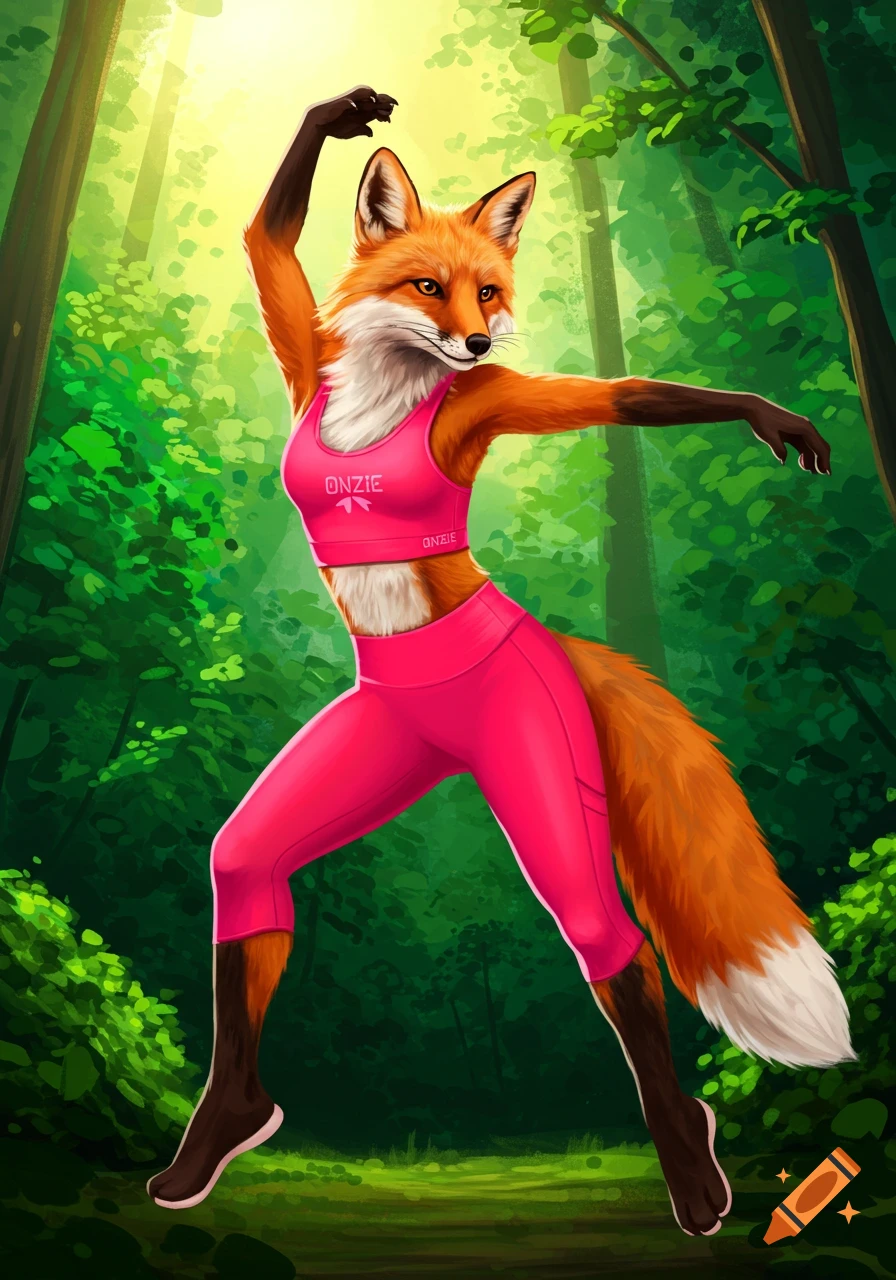 Anthro fox wearing pink sports bra and leggings in a forest on Craiyon