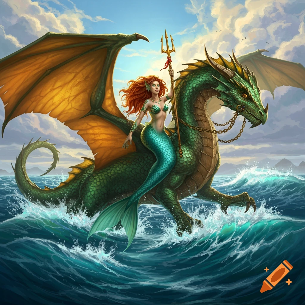 A mermaid with red hair rides a green dragon over stormy ocean waves in ...