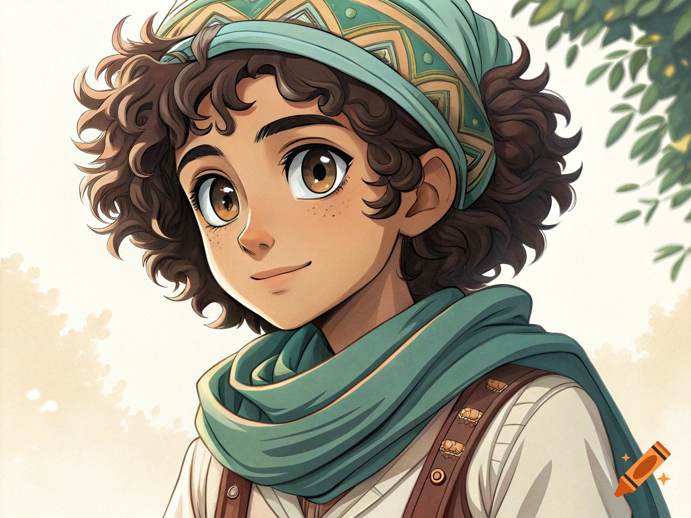 Anime style close-up portrait of a young person with curly brown hair ...