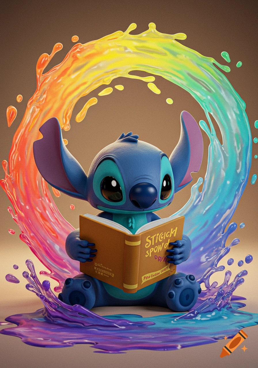 Stitch reading a book with a splash of rainbow water around him on Craiyon