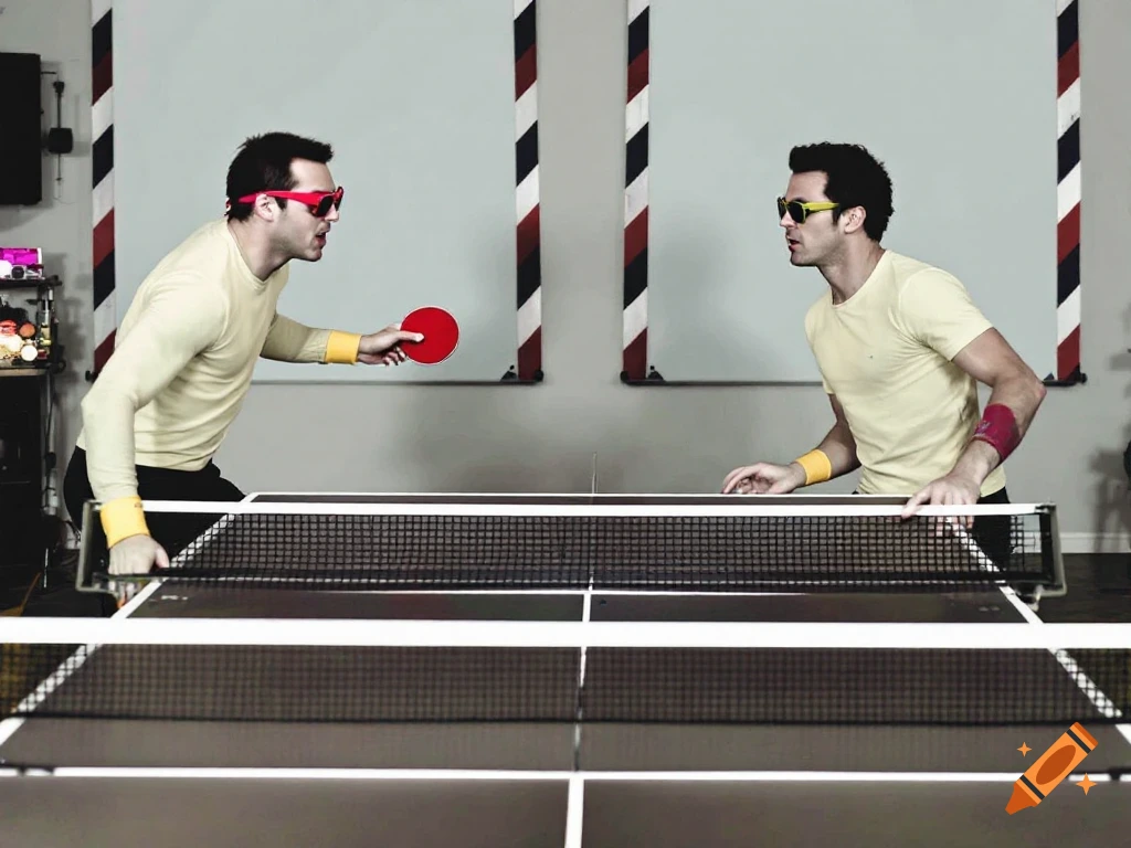 Two men in athletic wear and sunglasses playing table tennis in an ...