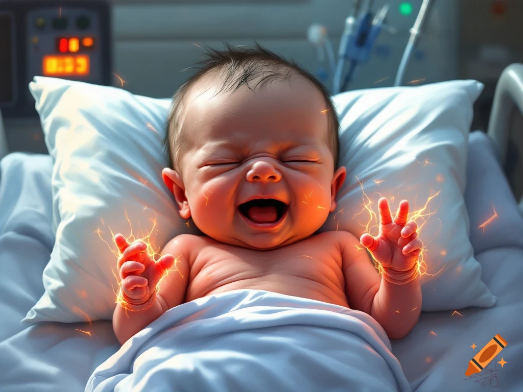 Baby in a hospital bed with energy around its hands, looking intense ...