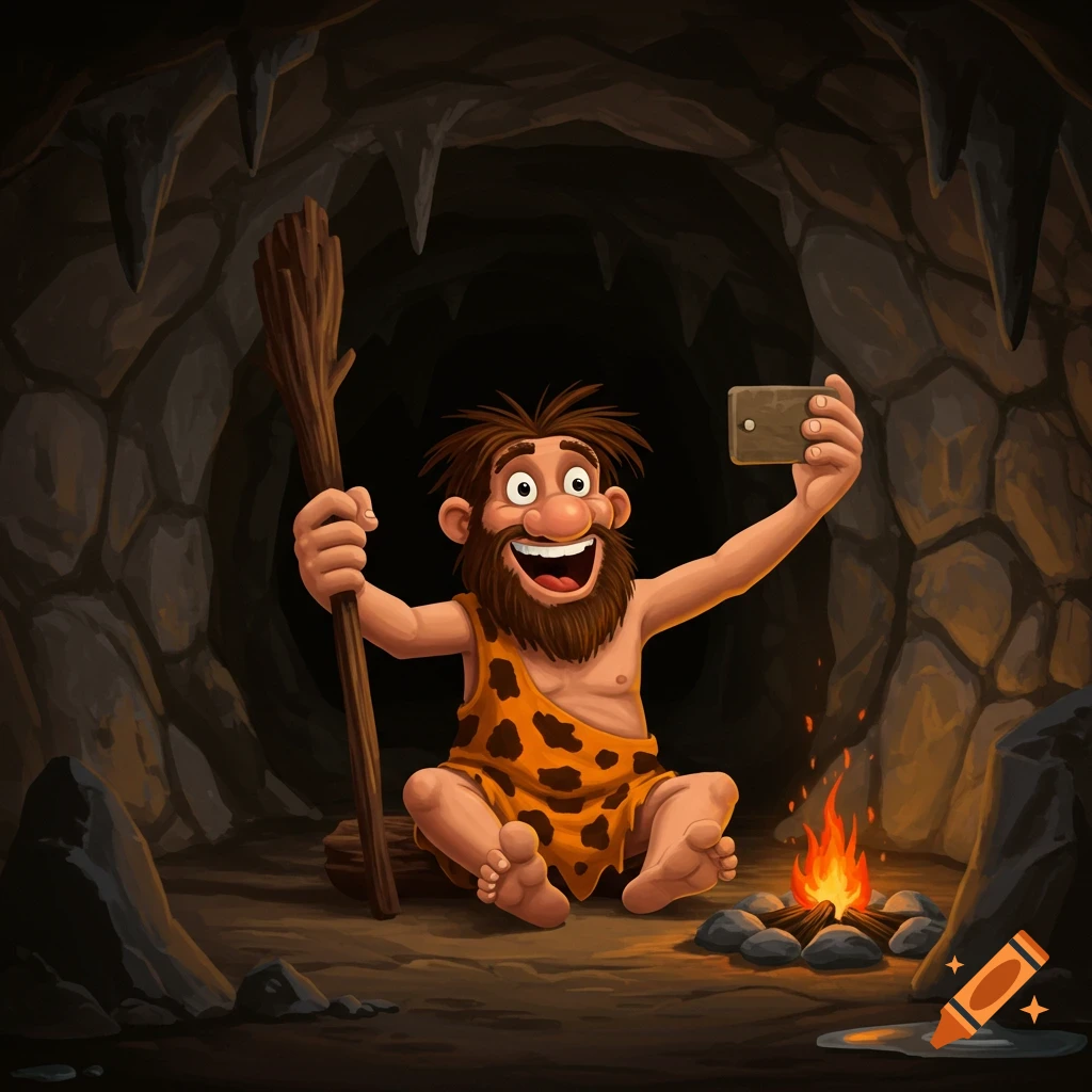 Cartoon caveman takes a selfie in a cave with a smartphone and stick ...