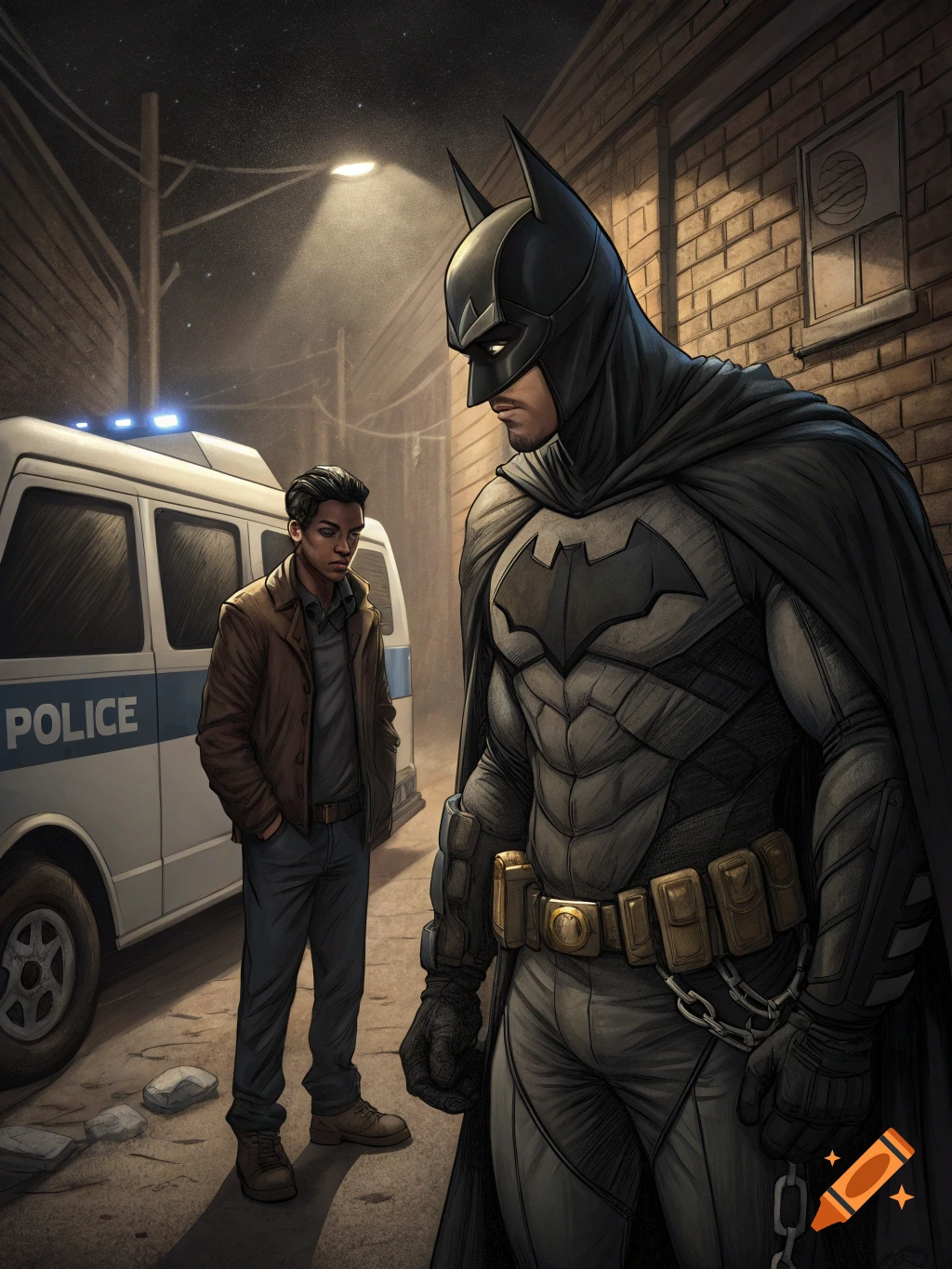 Batman stands in an alley next to a police van and another person in a ...