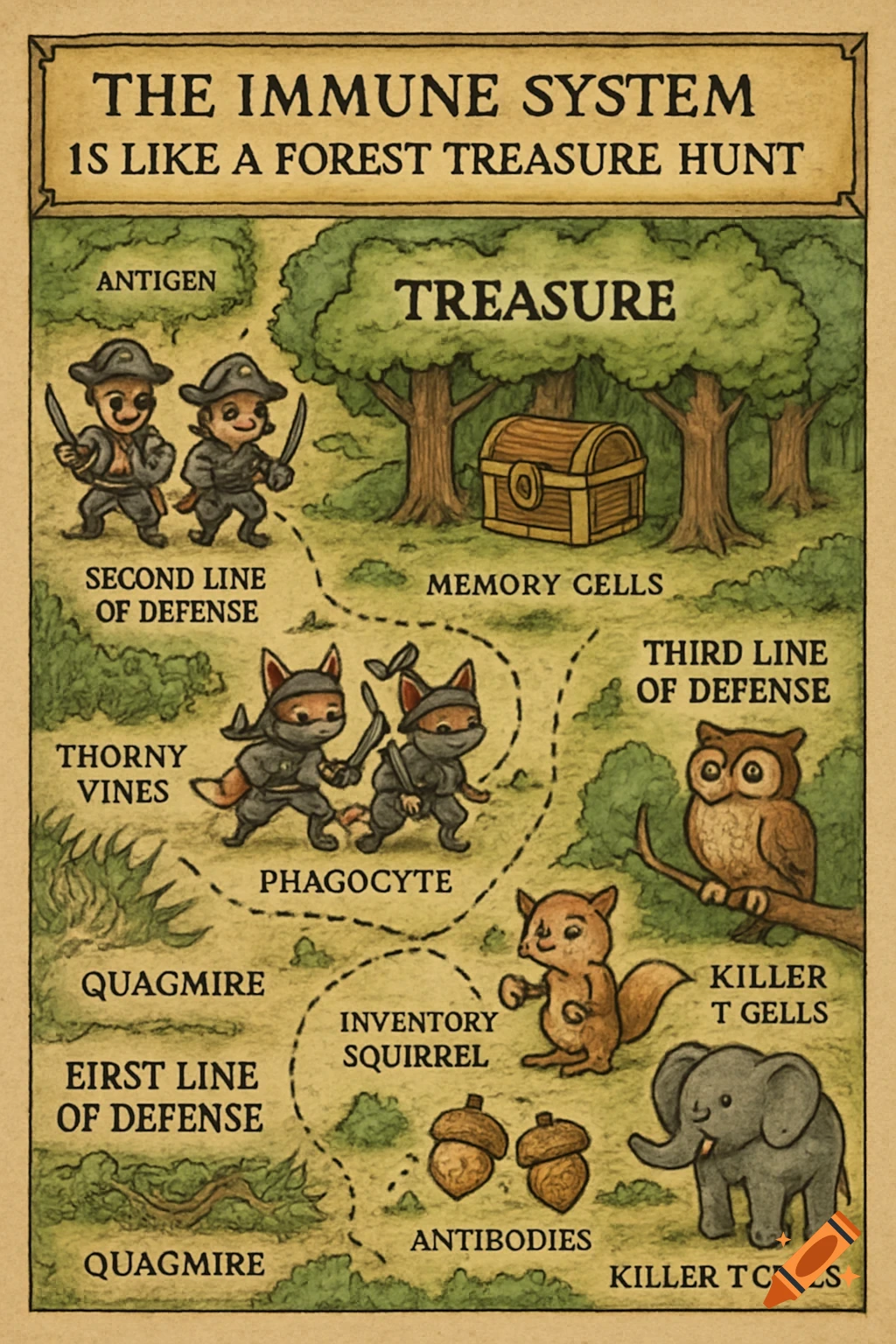 Cartoon map illustrating the immune system as a forest treasure hunt ...