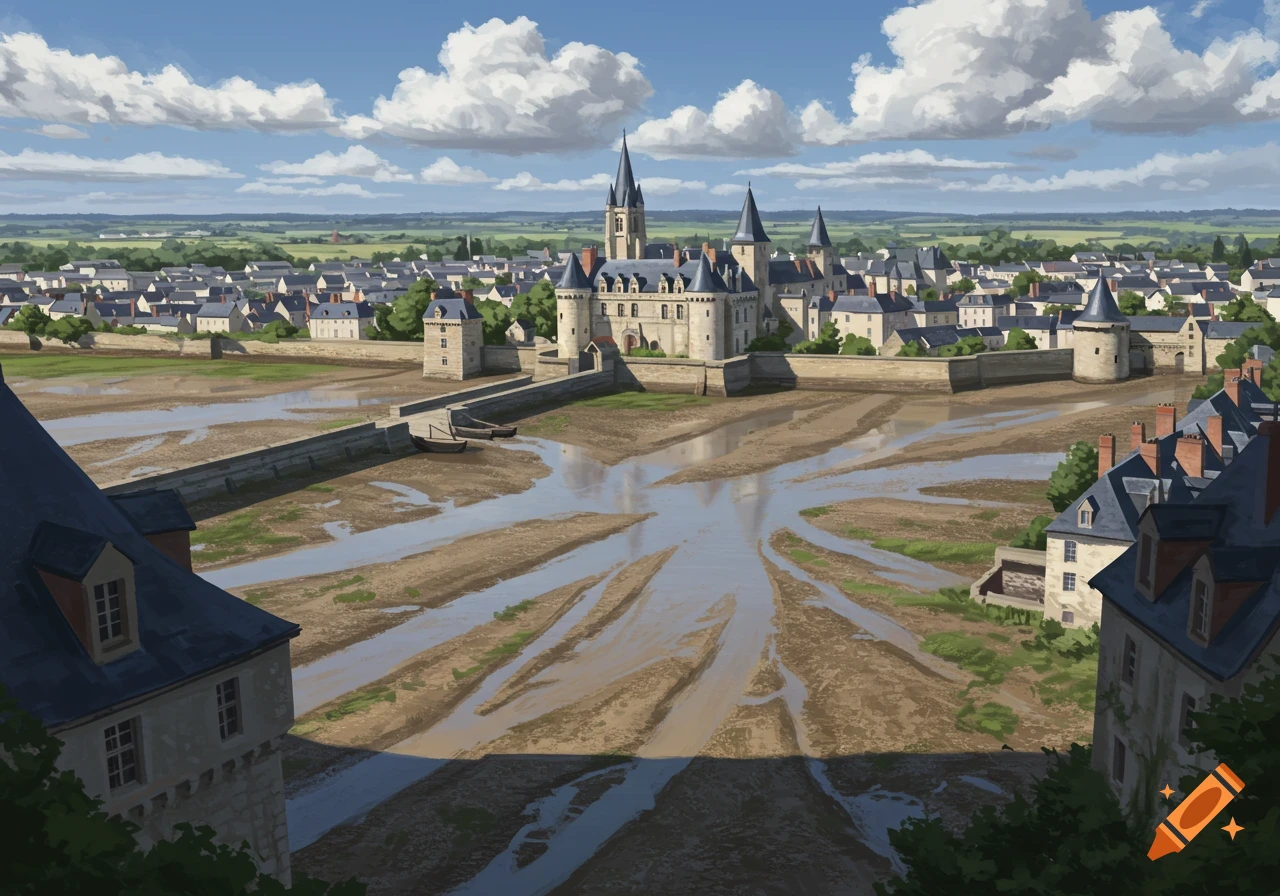 A large castle and surrounding town sit beside a wide riverbed with ...