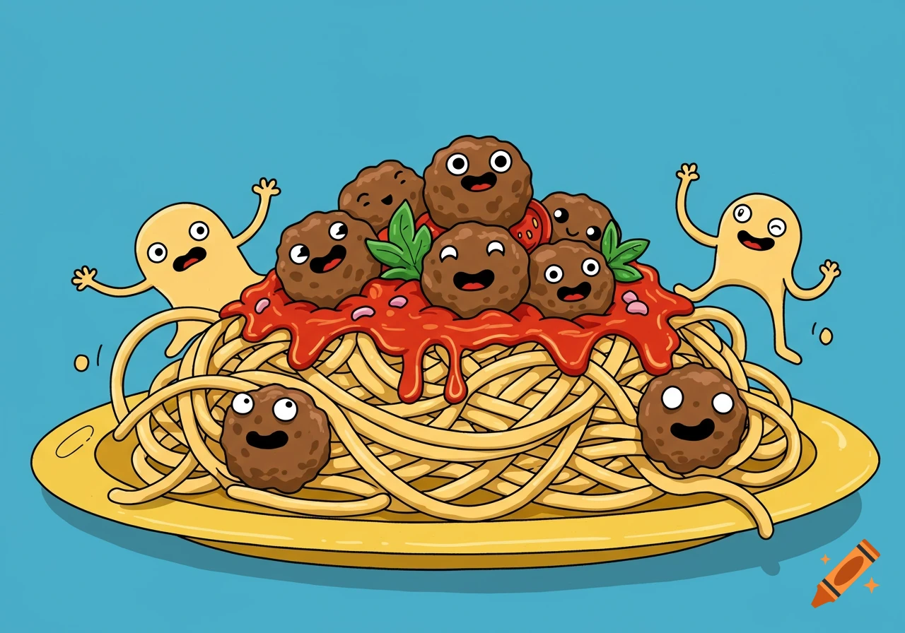 Cartoon spaghetti and meatballs with happy faces and yellow characters ...