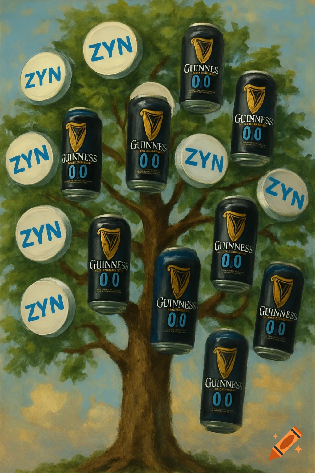 A painted image of a tree growing Zyn pouches and Guinness 0.0 cans. on ...