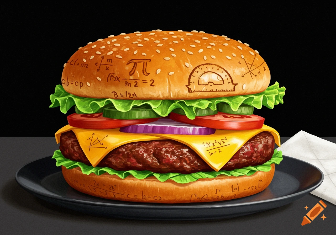 A burger decorated with math equations and symbols on the buns and ...