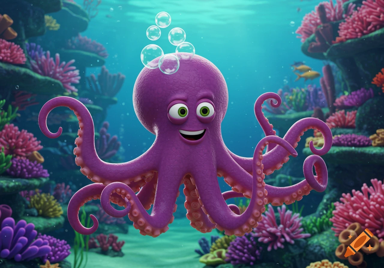 A cheerful purple cartoon octopus swims in a colorful coral reef ...