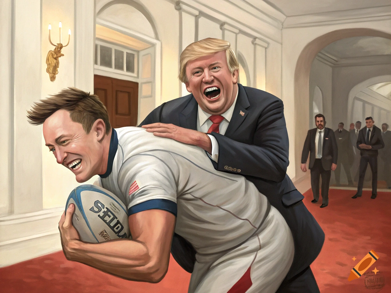 Digital painting of two men, one holding a rugby ball and being tackled ...