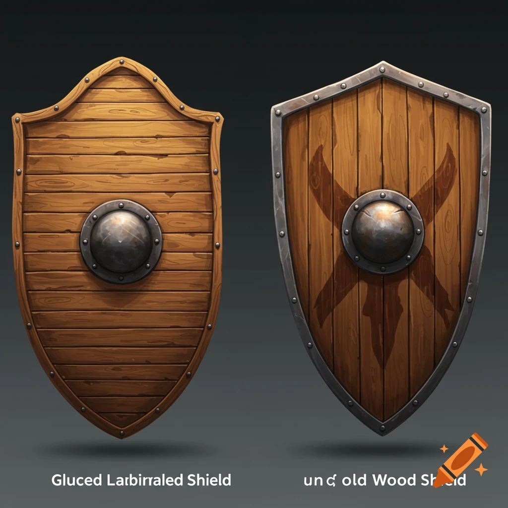 Two detailed fantasy-style wooden shields, one with metal trim and ...