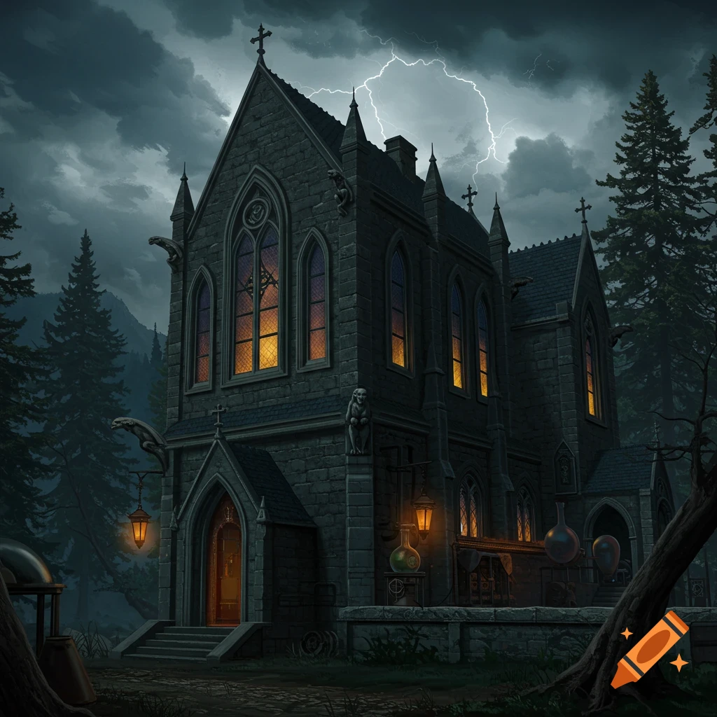 Dark fantasy illustration of a gothic laboratory building with ...