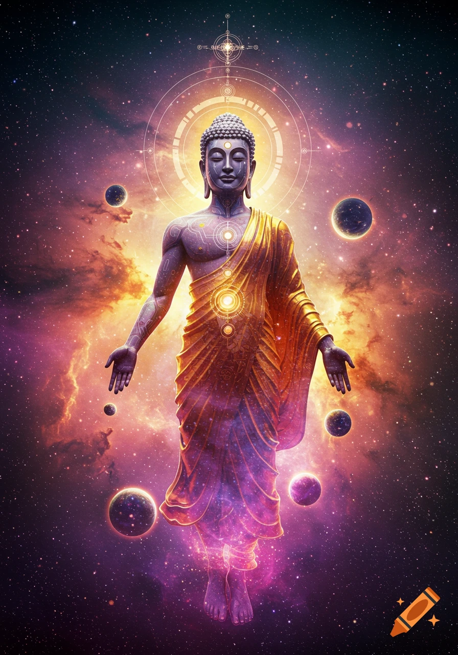 Floating Buddha figure in space surrounded by planets and cosmic clouds ...