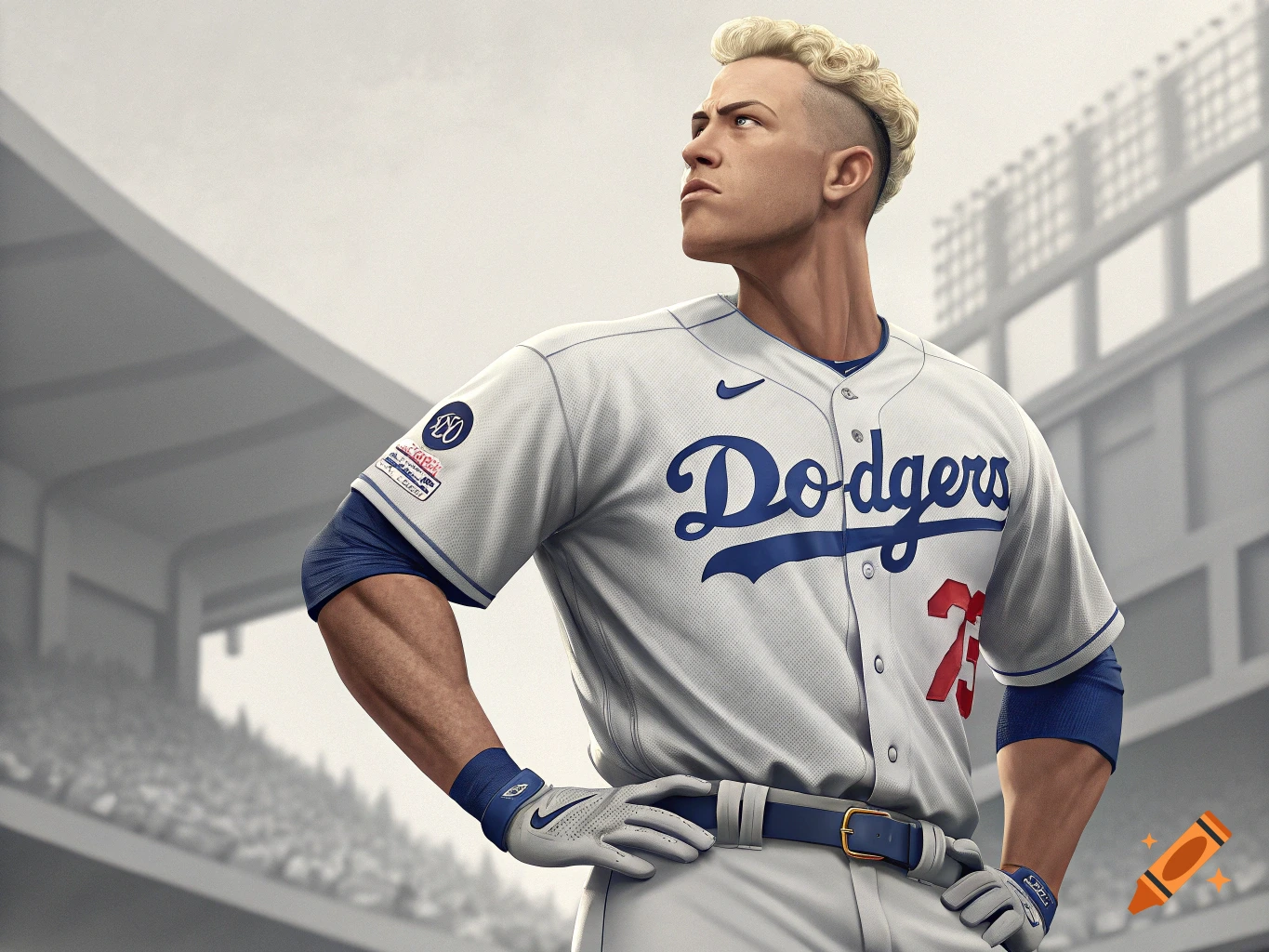 Man in a Dodgers baseball uniform and glove stands in a stadium ...