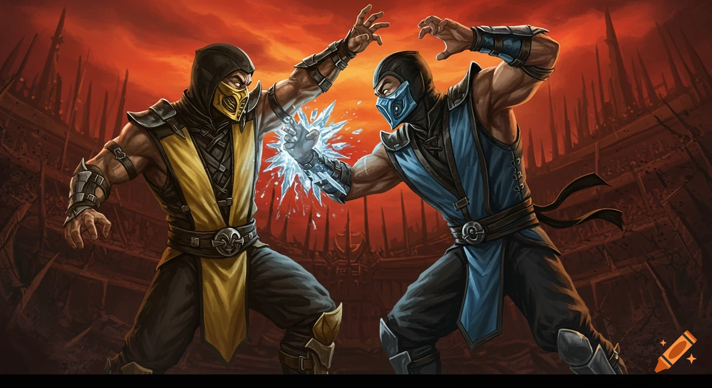 Two figures, Scorpion and Sub-Zero, fight with ice and fire powers in a ...