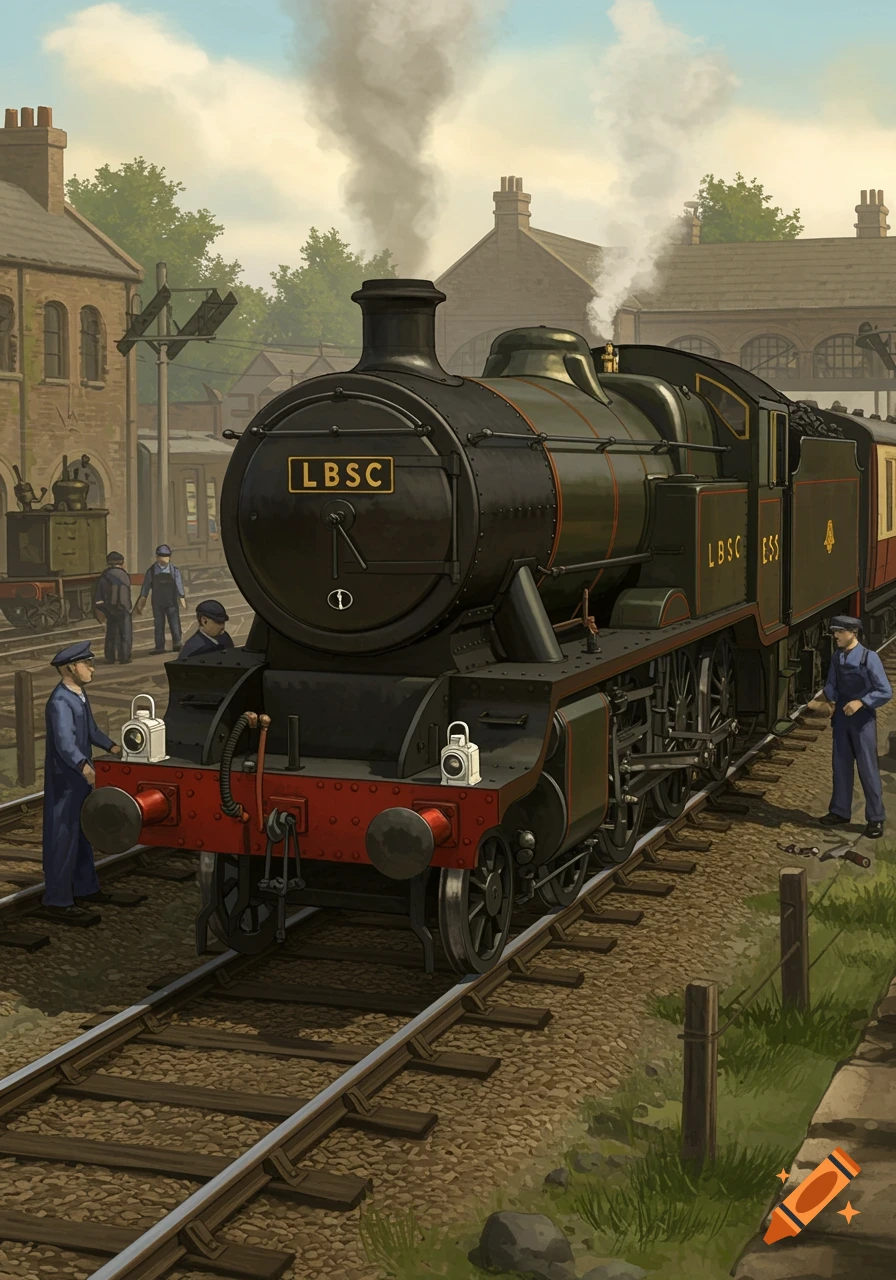 Illustration of a vintage black steam train with 'LBSC' at a station ...