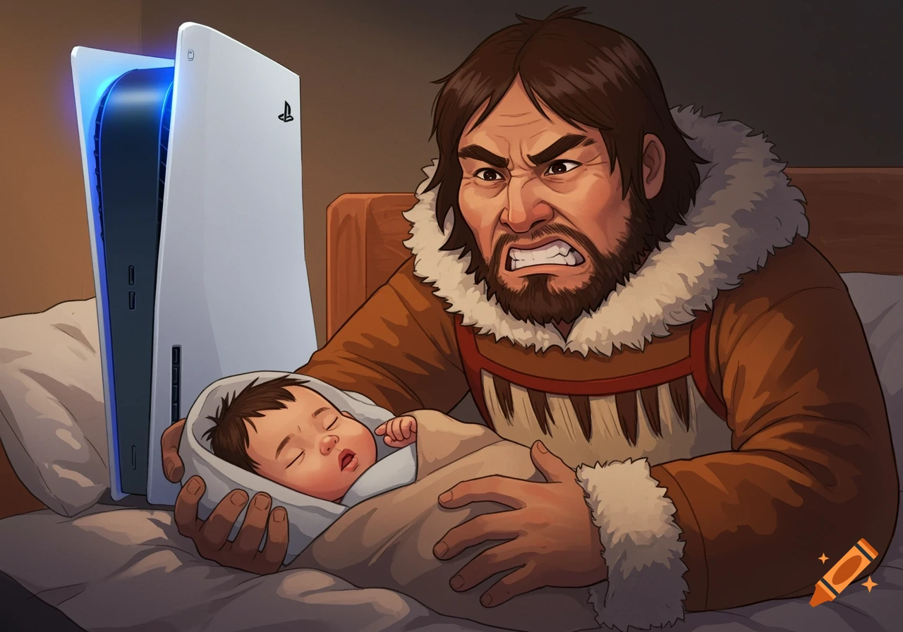 Illustration of an angry man holding a baby next to a PS5 console. on ...