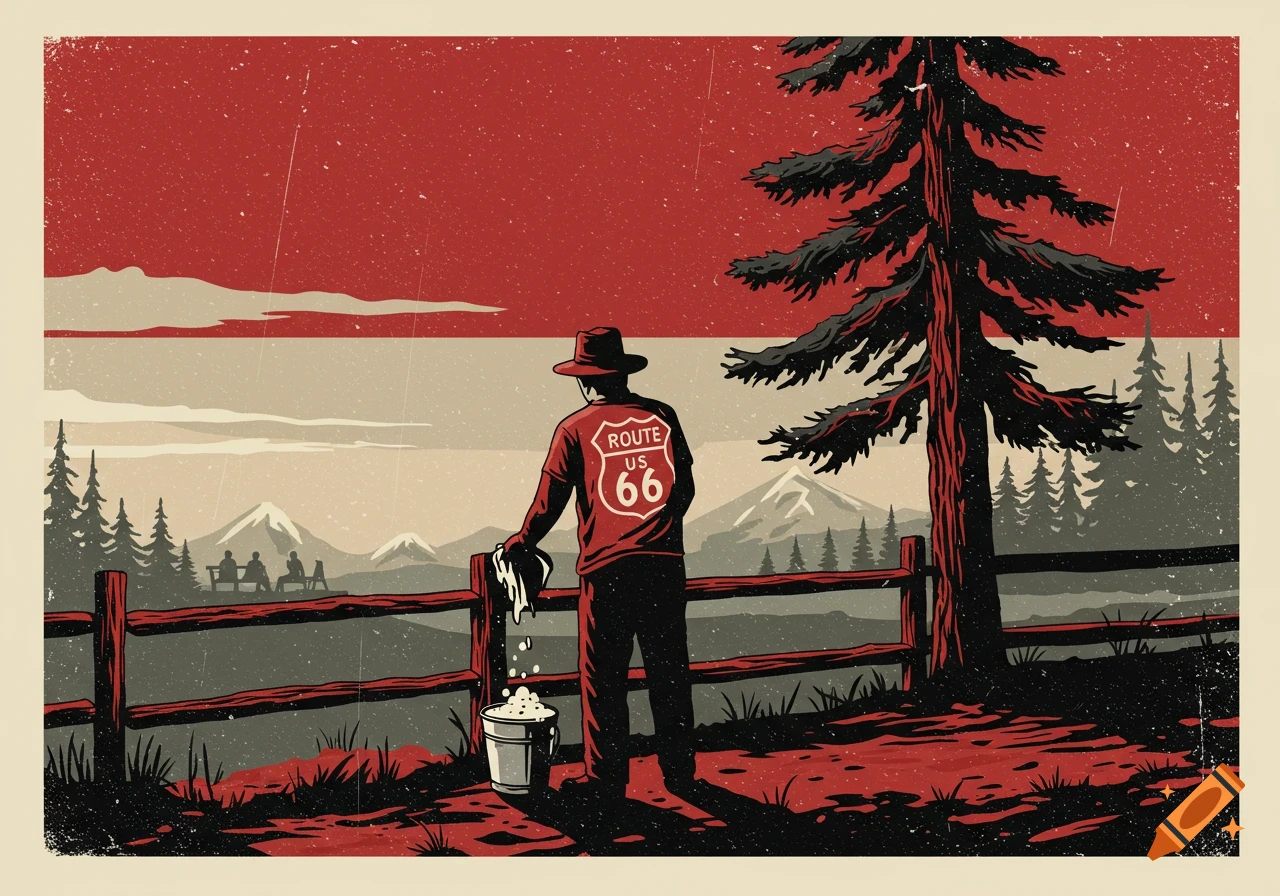Stylized graphic of a man in a Route 66 shirt cleaning a bucket by a fence with a scenic ...