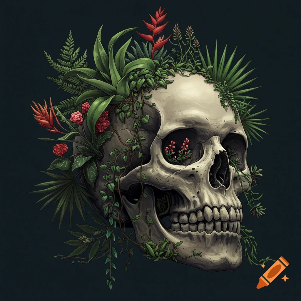 Stylized illustration of a skull overgrown with plants and flowers. on ...