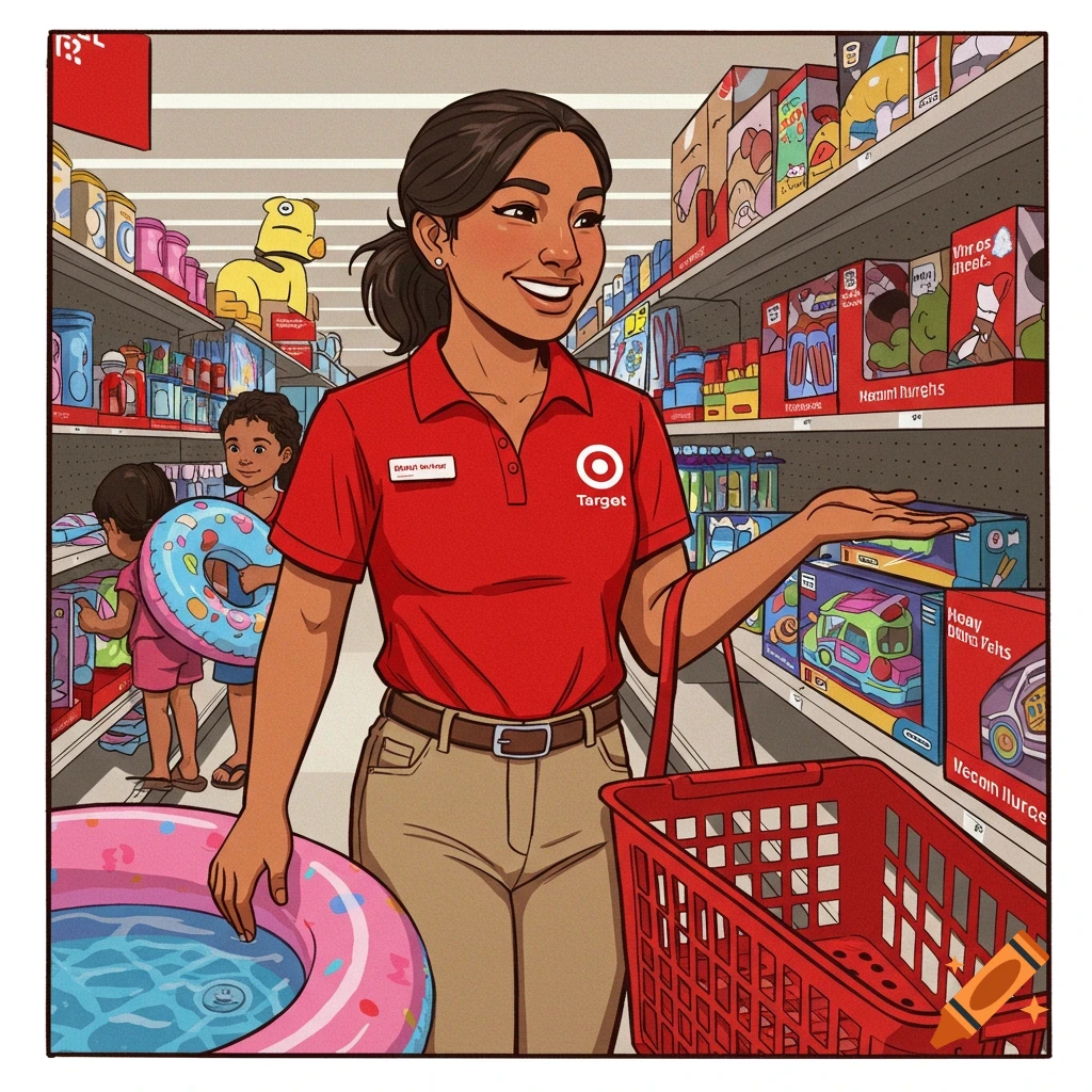 Cartoon illustration of a female Target employee standing in an aisle ...