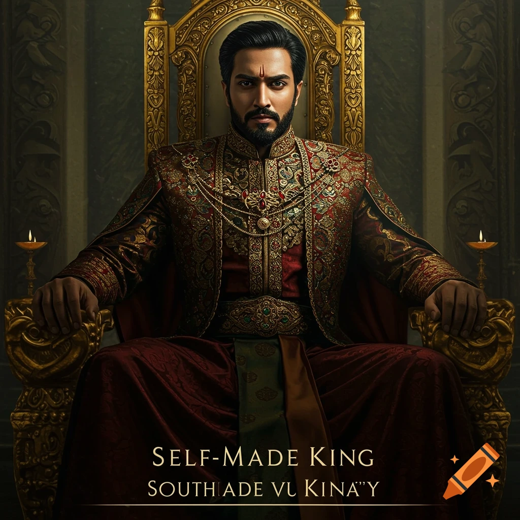 A man in ornate royal clothing sits on a golden throne. on Craiyon