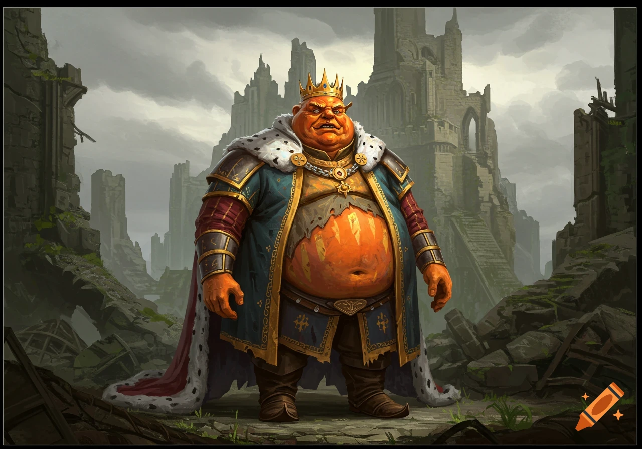 Fantasy illustration of a fat king in ragged royal attire standing ...