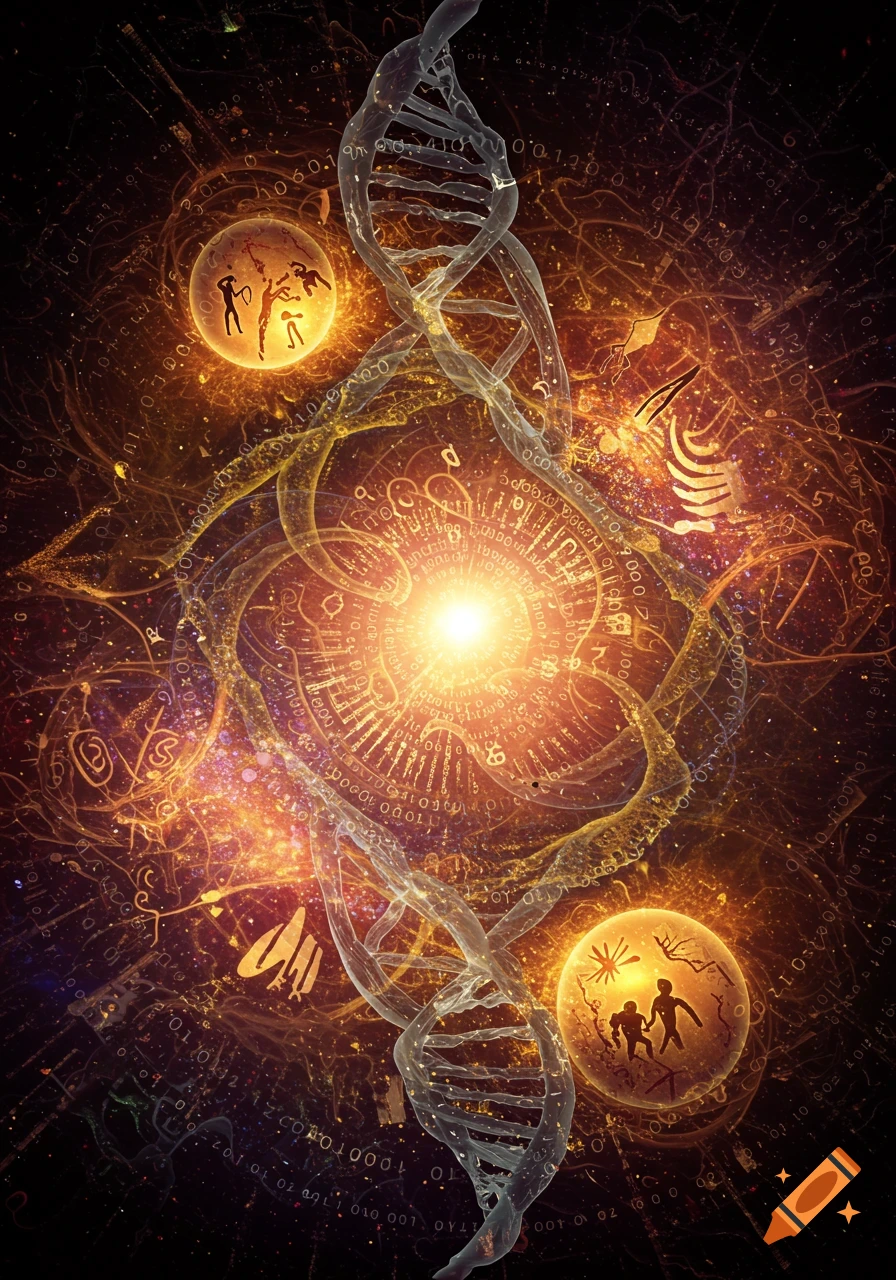 Abstract depiction of a DNA helix surrounded by glowing light, binary code, and ancient symbols ...